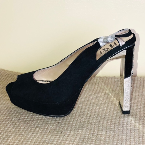 Shoes | Black Suede Open Toe Sling Back High Heel Platform | Poshmark